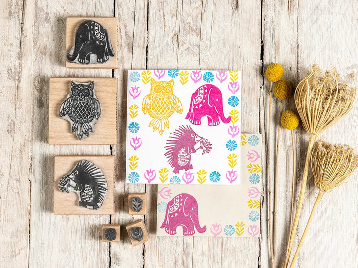 Set of Six Retro Animal Stamps and Tiny Folk Flower Rubber Stamps ...